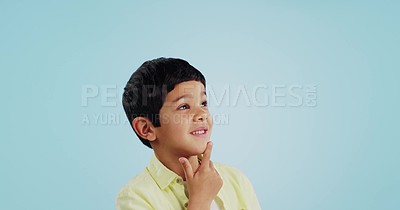 Surprise, boy and child with decision, thinking and brainstorming on a ...