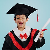 Graduate, child and celebration with portrait and happiness in studio ...