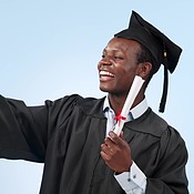 Happy black man, graduation and selfie with certificate for memory or ...