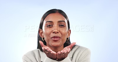 Flirt, face and woman blowing kiss in a studio for love, romantic or ...