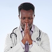 Praying, stress and black man doctor with anxiety, burnout and worry ...