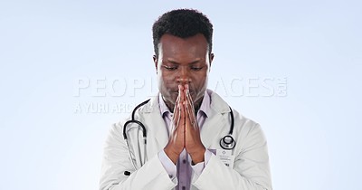 Praying, stress and black man doctor with anxiety, burnout and worry ...