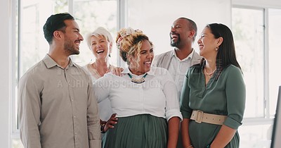 Business, team and conversation with smile, relax and planning strategy in office. Diversity ...