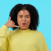 Face, call me and funny woman pointing isolated on a blue background ...