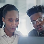 Business people, computer and planning, collaboration or teamwork, website design ideas and ...