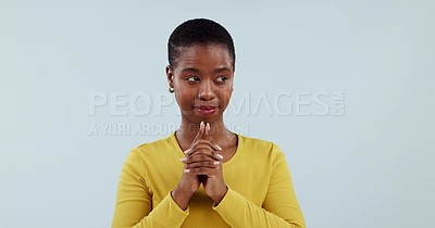 Thinking, planning and evil scheme of happy woman in studio isolated on ...