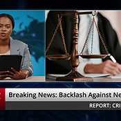 Breaking news, law or woman in tv studio for taxes information, public ...