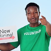 Volunteer, recruitment and face of black man with hand pointing at you ...