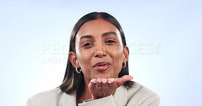 Flirt, face and woman blowing kiss in a studio for love, romantic or ...