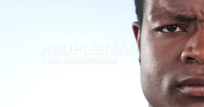 Black man, confused and face closeup with doubt, problem solving and ...