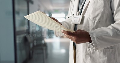 Hands, medical folder and doctor with results, person in hospital with ...
