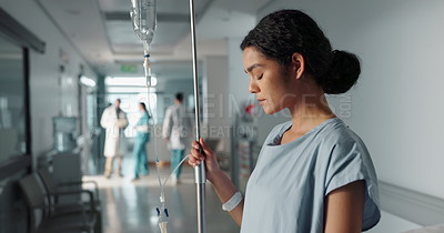 Sad, breathing and a woman with an iv drip at hospital for medicine ...