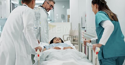 Doctors, patient and push hospital bed to surgery, healthcare and ...