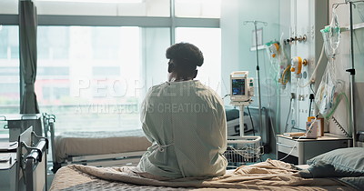 Patient, hospital and sitting on bed with sad, depression and worry for ...