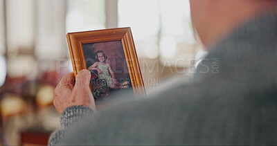 Photograph, senior person and hands for memory or nostalgia, grief and ...