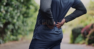 Person, back pain and fitness injury outdoor, spine and workout with ...