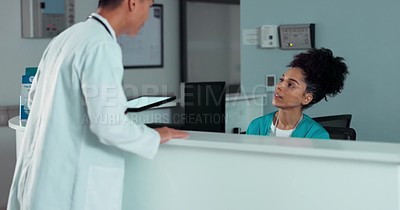 Receptionist, doctor paperwork and hospital people, nurse or surgeon ...