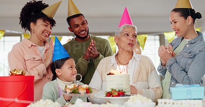 Big family, birthday and cake with celebration, excited and happiness ...