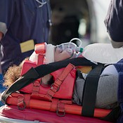 Paramedic, patient and oxygen for accident, stretcher or injury to ...