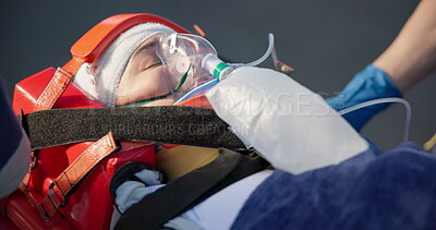 Paramedic, ventilation and victim with oxygen mask for critical care ...