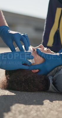 Head injury, bandage on woman and paramedic on street for emergency ...