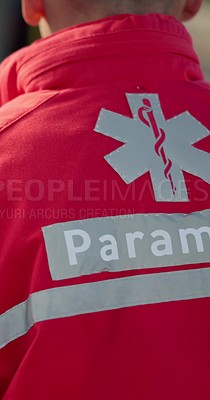 Paramedic man, walking and emergency on street with back, uniform and ...