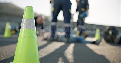 Emergency cone, road and paramedic at an accident for help, disaster ...
