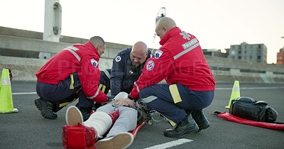 First aid, paramedic job and emergency with medical support, accident ...