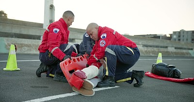 First aid, paramedic gurney and emergency with medical support ...