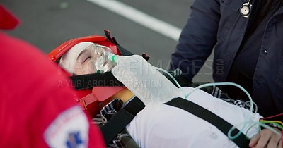 Emergency, accident and patient with oxygen mask on stretcher for ...