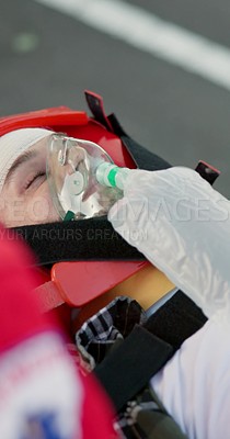 Accident, ambulance and patient with oxygen mask for injury, first aid ...
