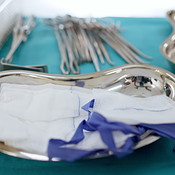 Surgery tools, equipment and metal on desk in hospital, operation ...