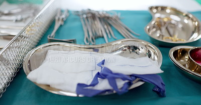 Surgery tools, equipment and metal on desk in hospital, operation ...
