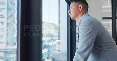 Window, thinking and business with ideas, man and solution with problem ...