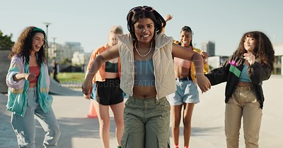 Women, dancing together and friends as gen z, energetic and dancer ...