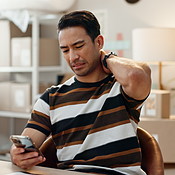 Man, phone and neck pain in logistics, stress or burnout from mistake ...