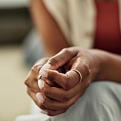 Closeup of hands, anxiety and psychology, person with stress and ...