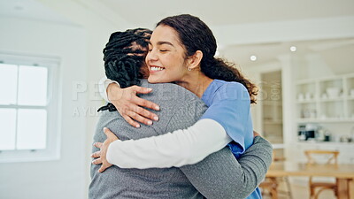 Mature patient, nurse and happy people hug, bond and woman with thank ...