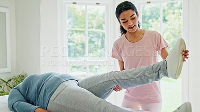 Rehabilitation for legs, physical therapy and physiotherapist with ...
