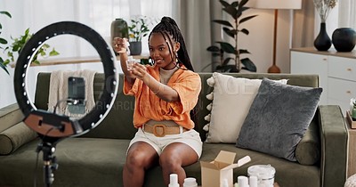 Smile, live streaming and black woman with serum for beauty or skincare ...
