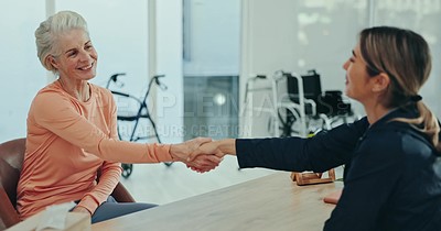 Physiotherapist consultation, patient and people shaking hands, welcome ...