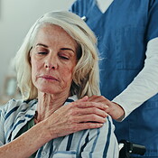 Caregiver, woman in wheelchair and holding hands for support, empathy and hope after cancer ...