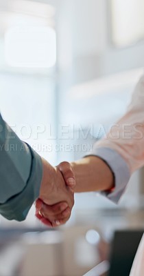 Closeup, businesspeople and handshake for partnership in office for ...