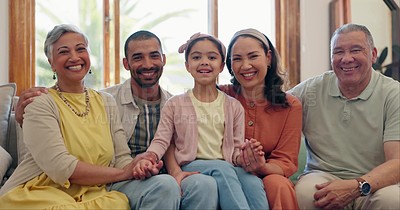 Face, grandparents and mother with father, girl and home with happiness ...