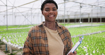 Plants, sustainable and face of woman in greenhouse with checklist for research or studying ...