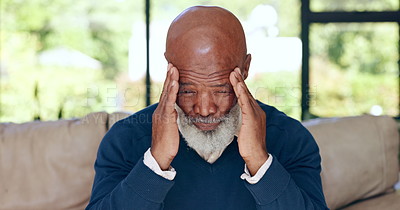 Stress, headache and senior man on a sofa laughing at silly ...