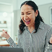 Wow, laptop and happy woman screaming in office with celebration ...