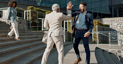 Business men, partnership and high five in city, teamwork and senior ...