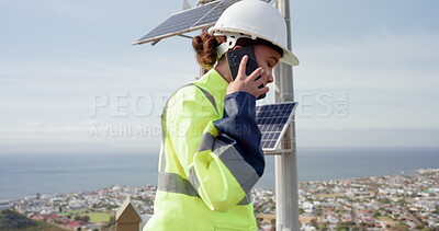 Woman, phone call and construction for solar panels inspection ...