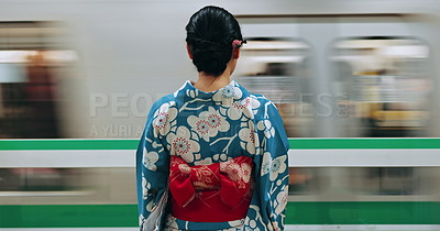 Station, travel and Japanese woman on train in traditional clothes ...